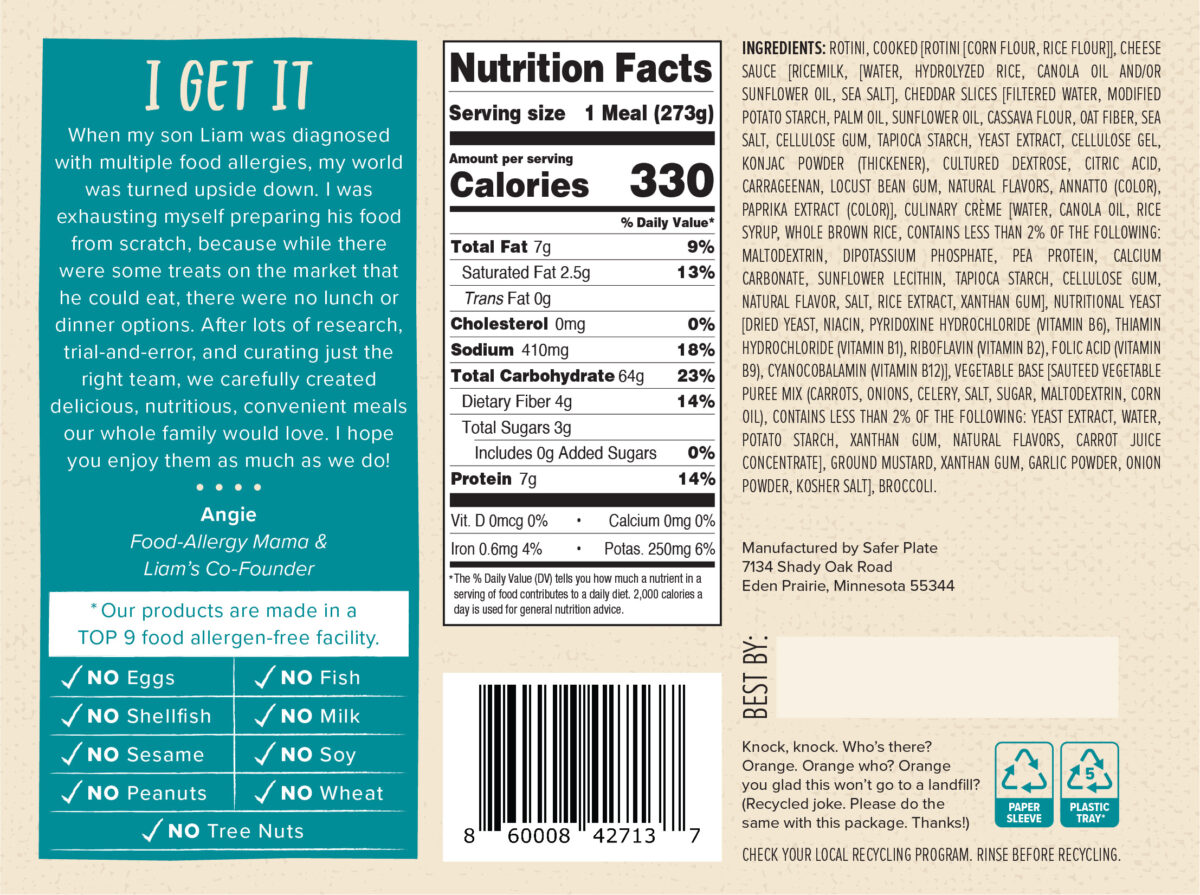 Cheezy Rotini - Liam’s™ Meals by Safer Plate™