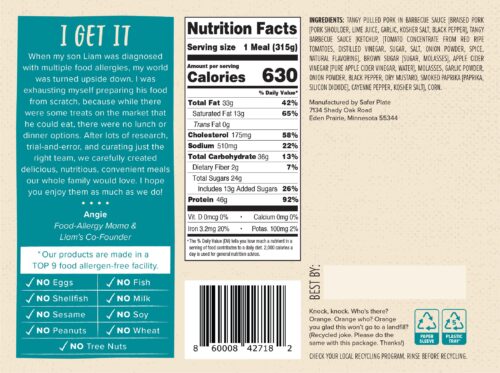 Tangy Pulled Pork - Liam’s™ Meals by Safer Plate™